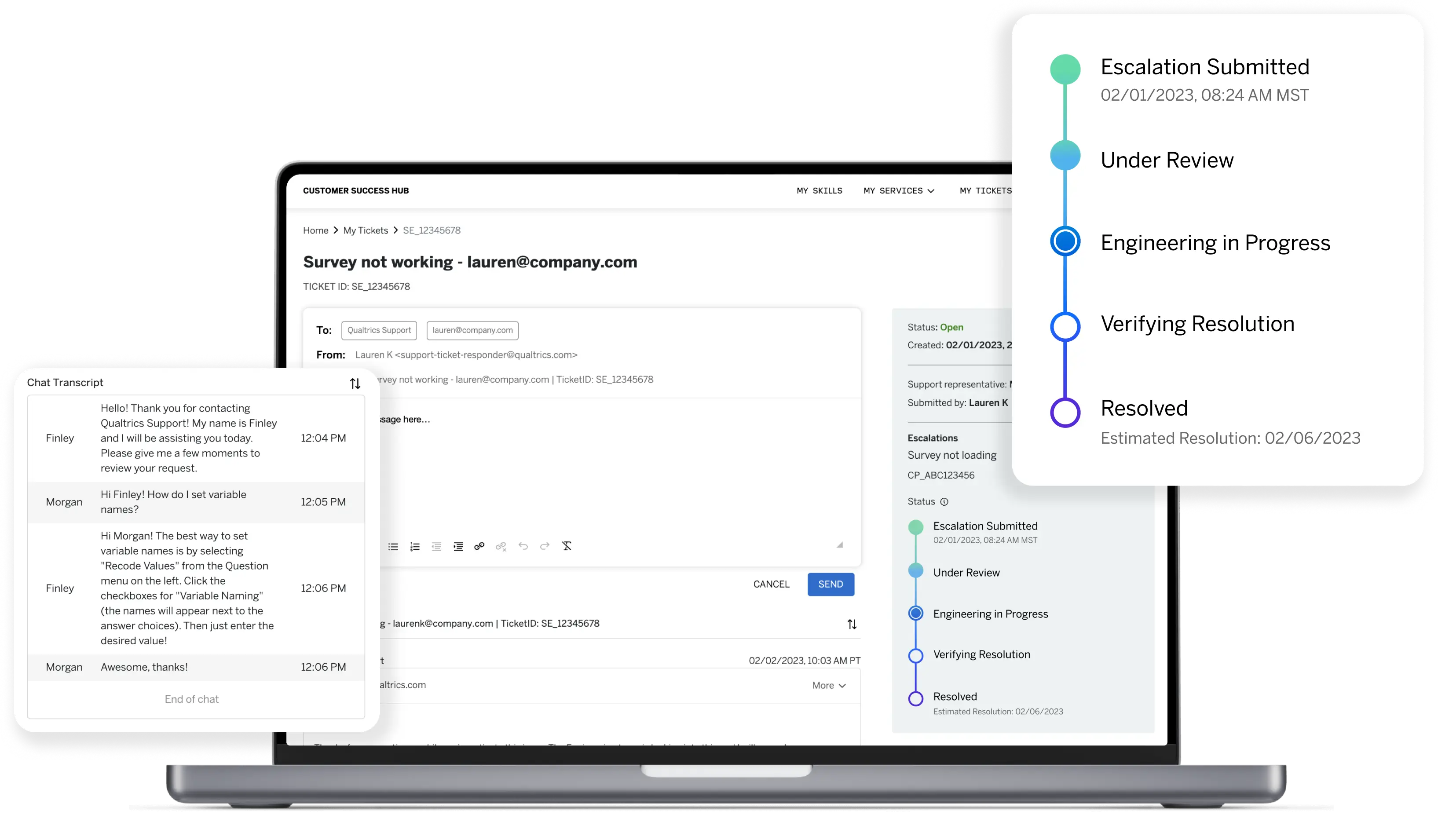 Image of ticket page in the Customer Success Hub with chat transcript ...
